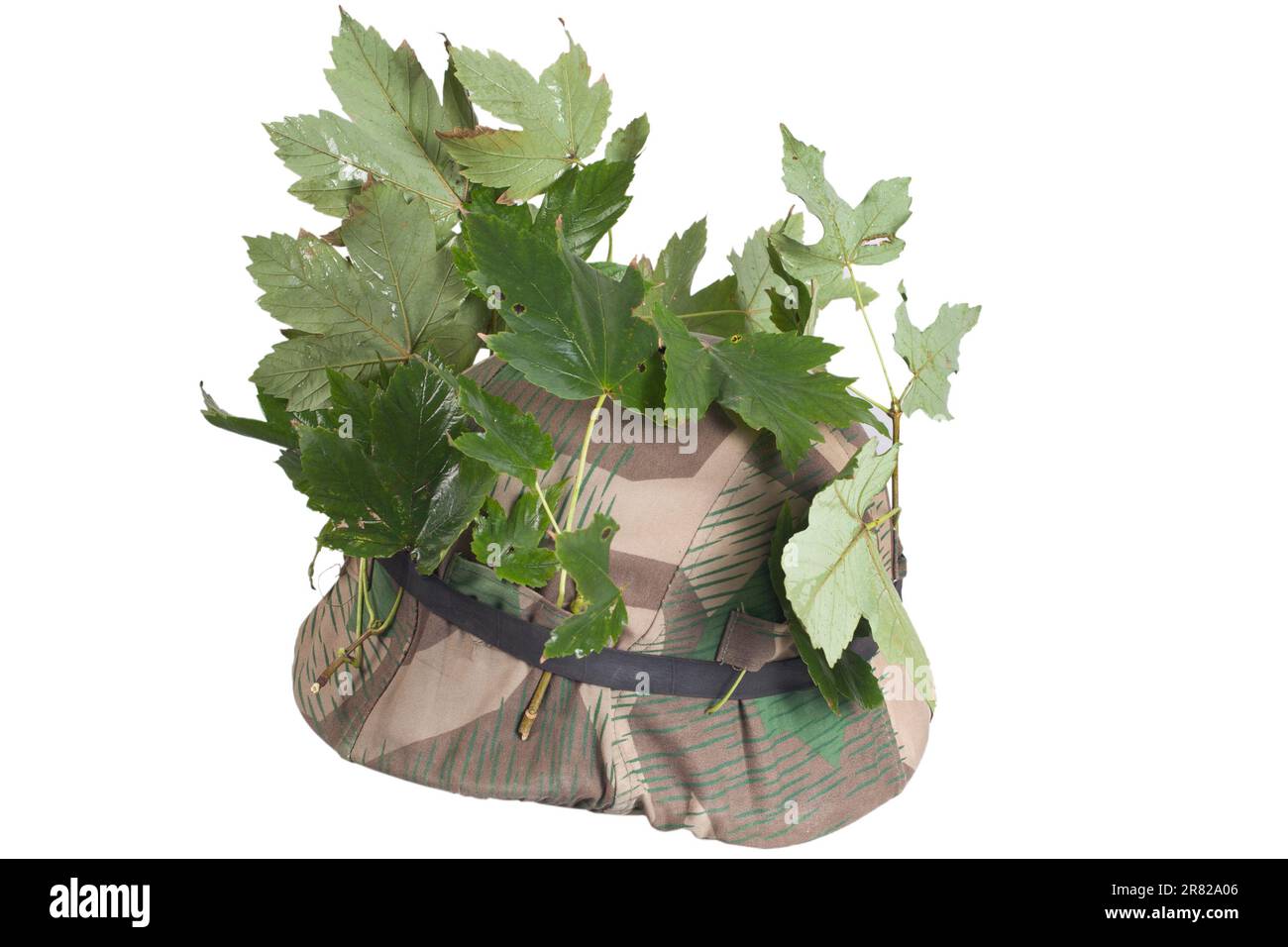 German Nazi Army steel helmet camouflaged with cover and tree leaves ...
