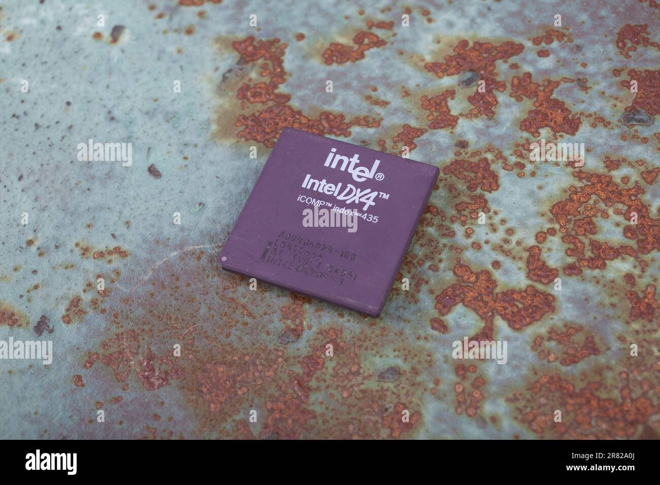 KYIV, UKRAINE - April 22, 2020. Intel 486DX4 processor on rusty metal ...