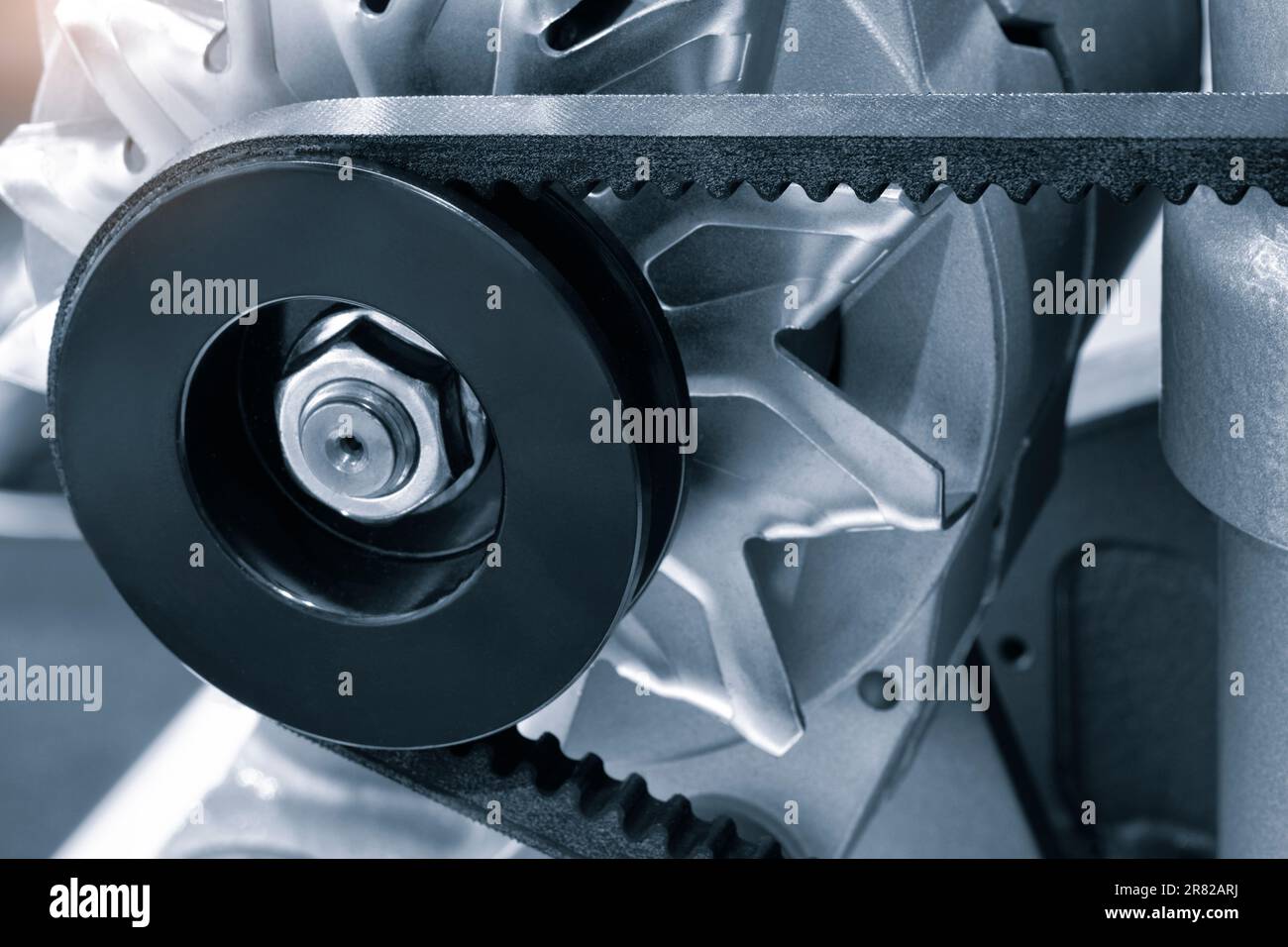Belt drive of Diesel engine electric generator. Close up car timing ...