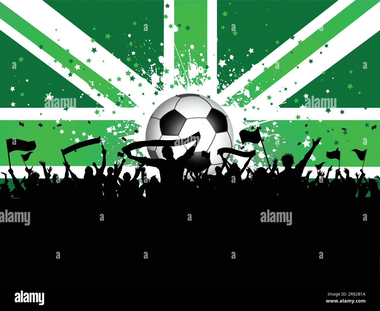 Silhouette of an excited crowd on a Grunge Union Jack Flag background ...