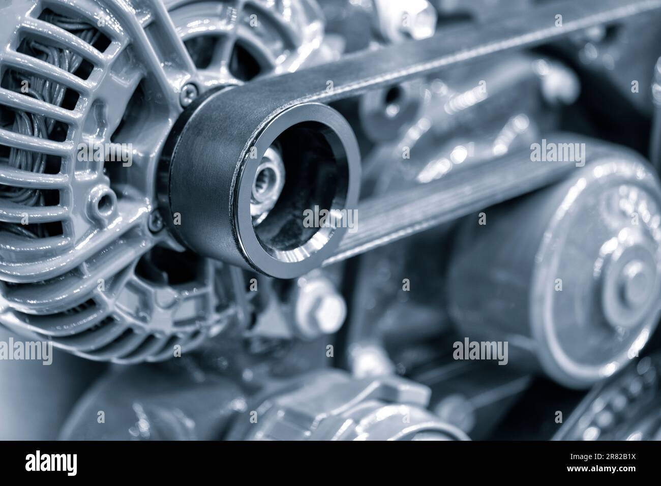 Belt drive of Diesel engine electric generator. Close up car timing ...