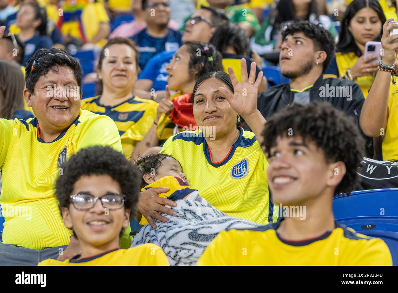 Harrison, USA. 17th June, 2023. Fans of Ecuador team celebrate during ...