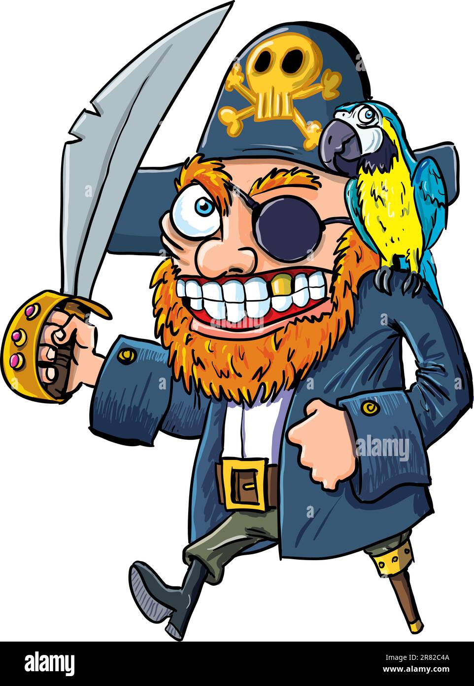 Cartoon pirate with a cutlass and parrot. Isolated on white Stock ...