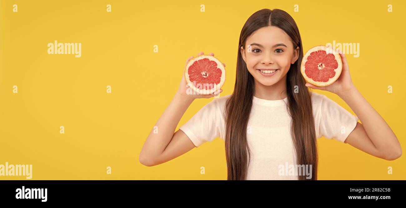 diet and kid skin beauty. positive teen girl with grapefruit. Child ...