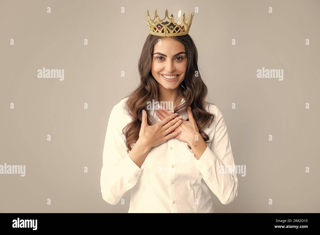 Young woman queen wear golden crown, isolated gray background Stock ...