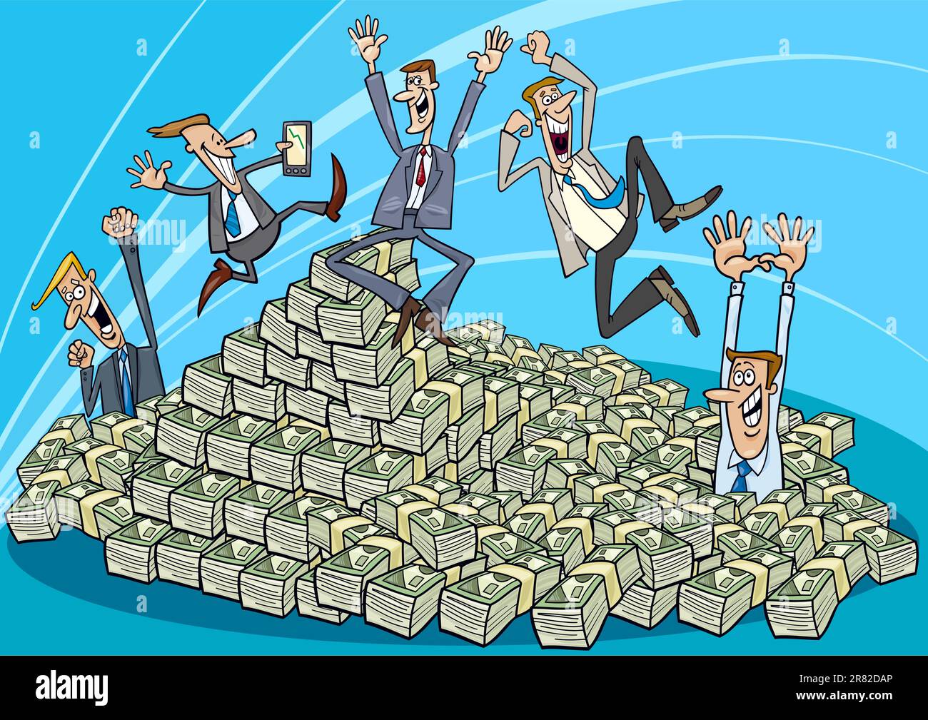 Cartoon Illustration of Happy Successful Businessmen and heap of money ...