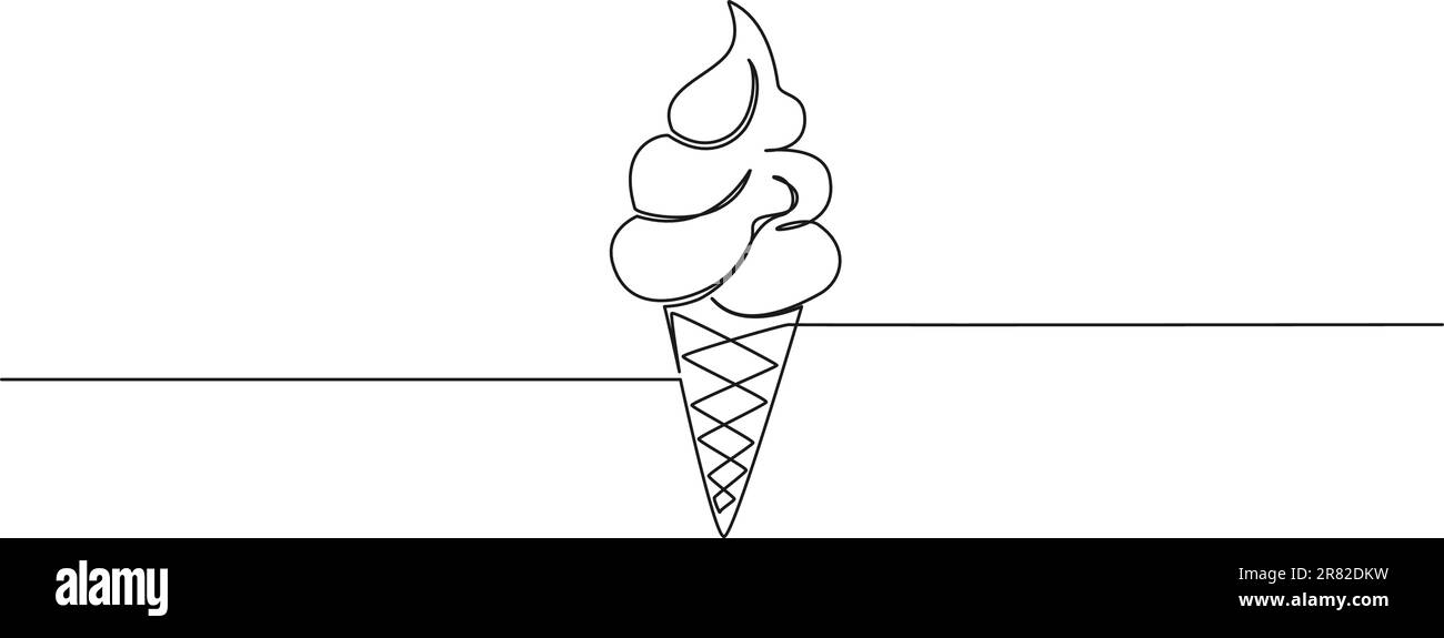 continuous single line drawing of ice cream cone with soft serve, line ...