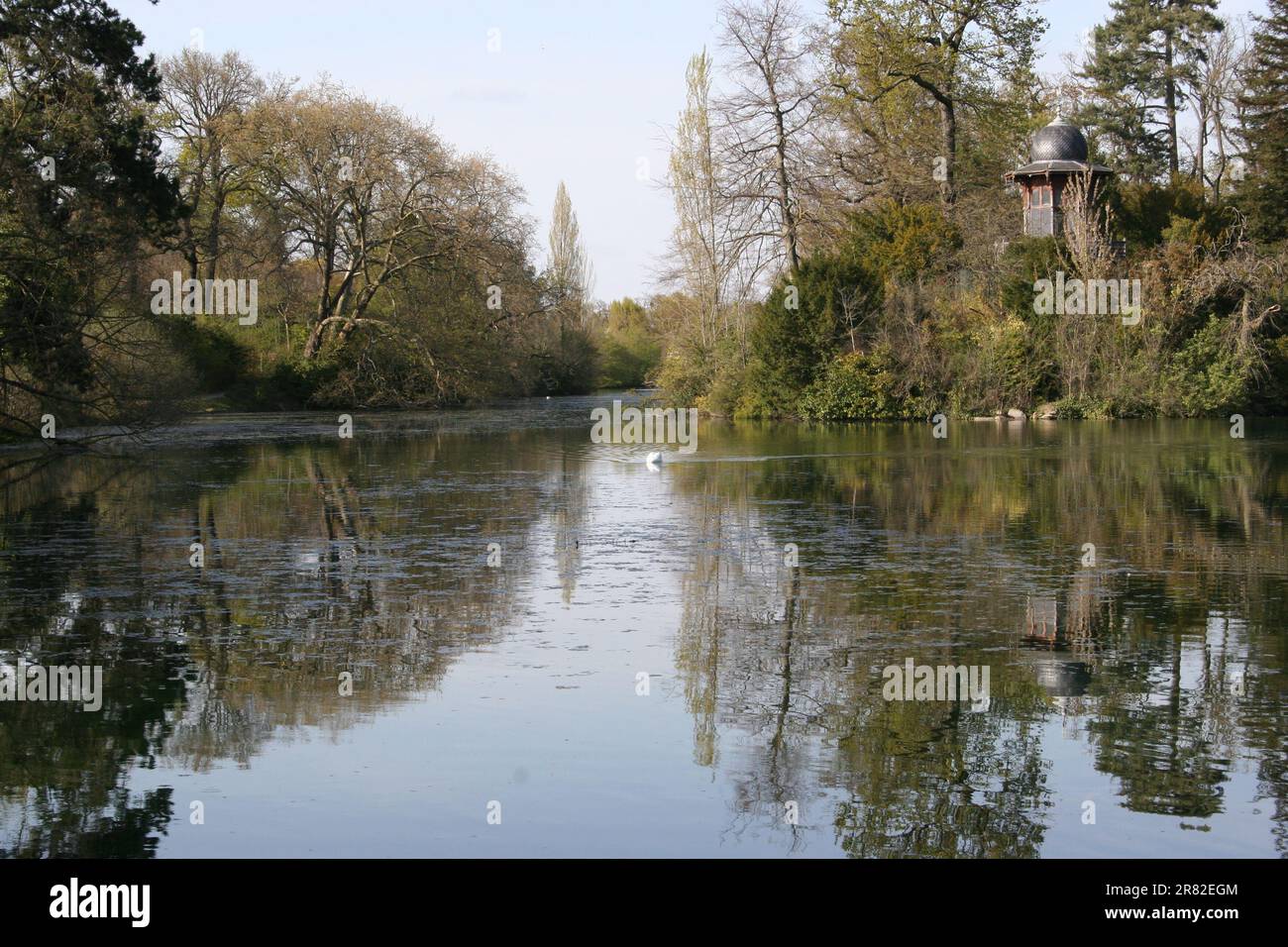 A tranquil pond surrounded by lush greenery with a clock tower situated ...