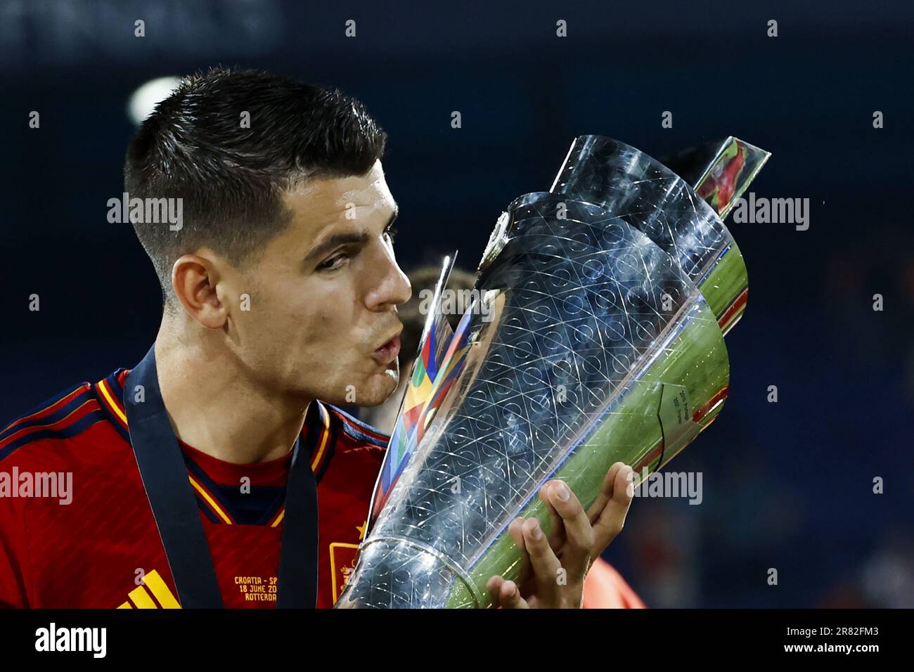 ROTTERDAM - Alvaro Morata of Spain with the Nations League trophy after ...