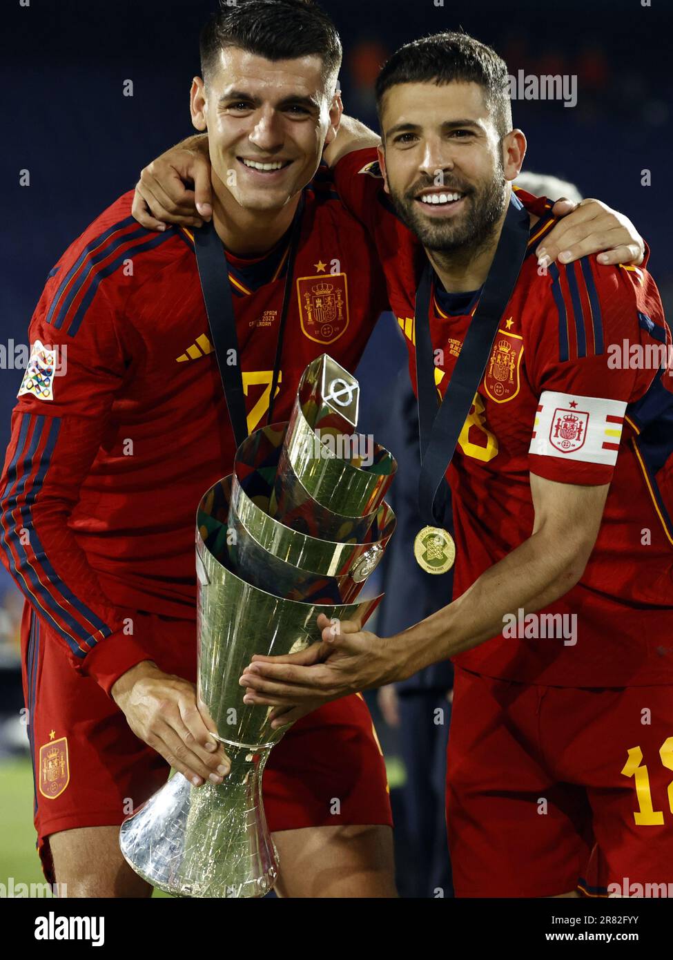 ROTTERDAM - (lr) Alvaro Morata of Spain, Jordi Alba of Spain with the ...