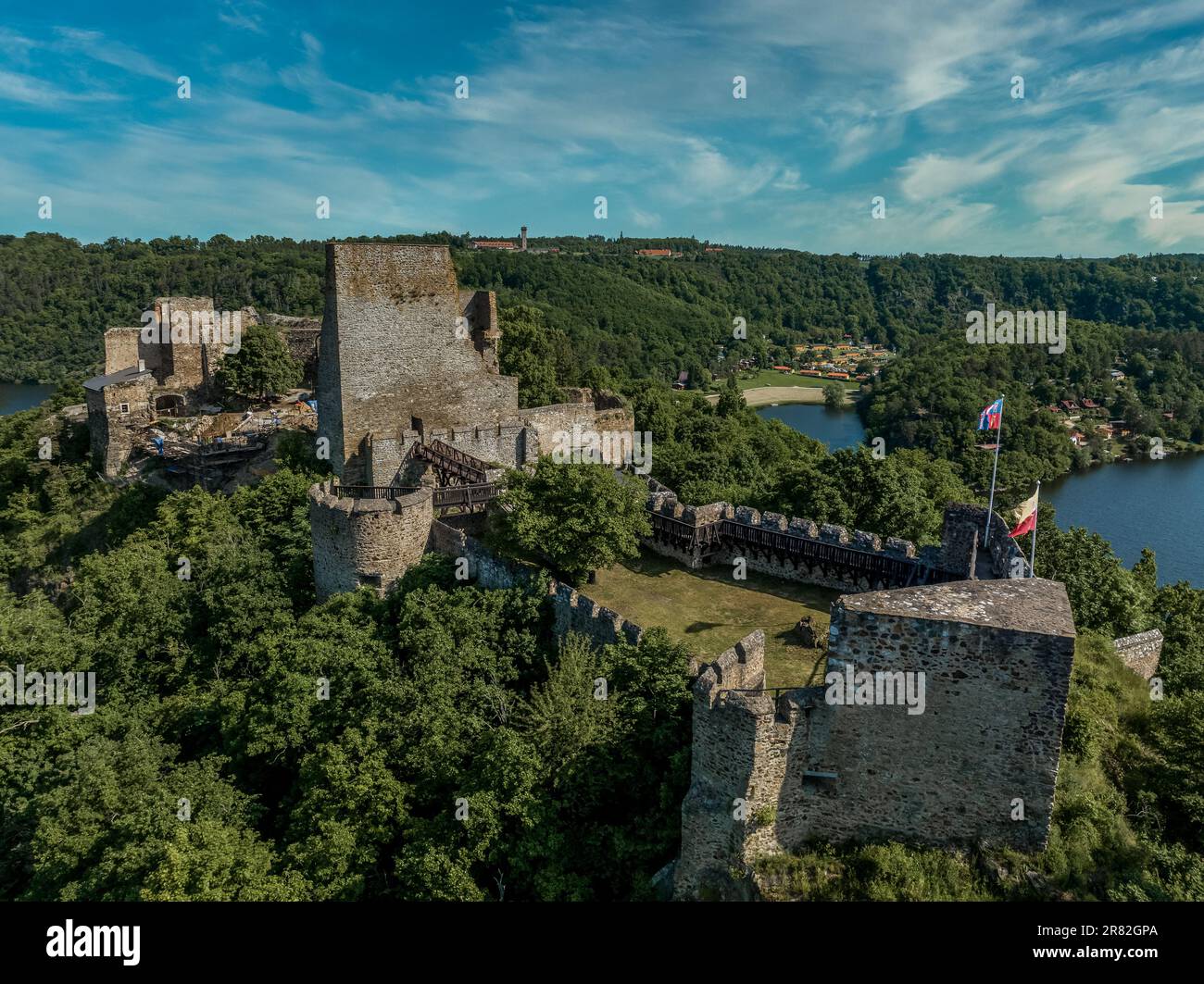 Aerial view of Cornstejn or Zornstein lofty medieval residence and ...