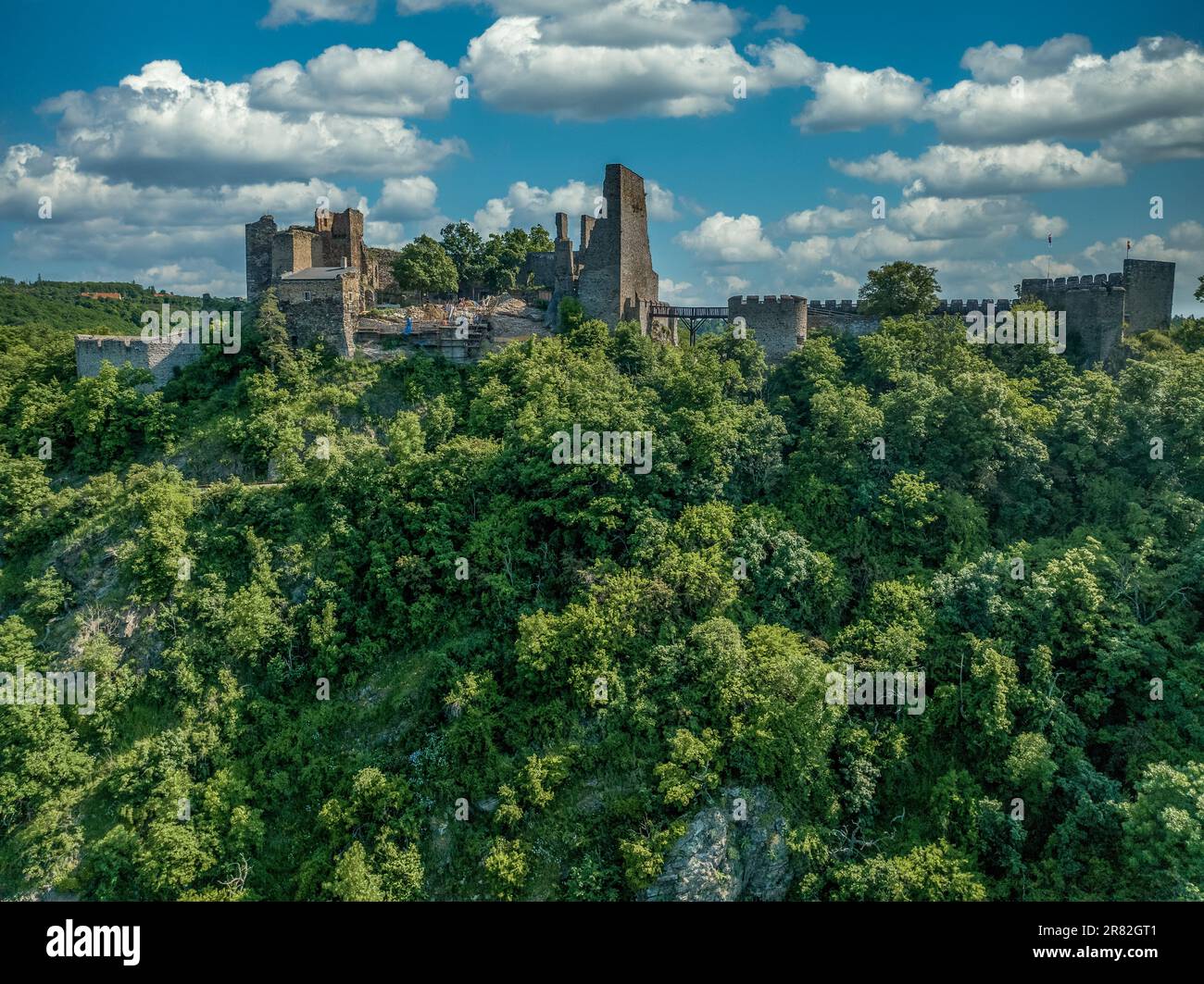 Aerial view of Cornstejn or Zornstein lofty medieval residence and ...