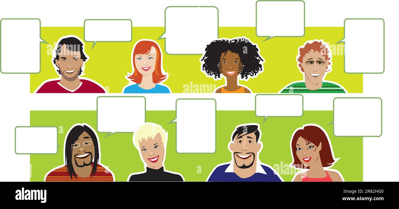 Vector cartoons of men and women with speech bubbles above their heads ...