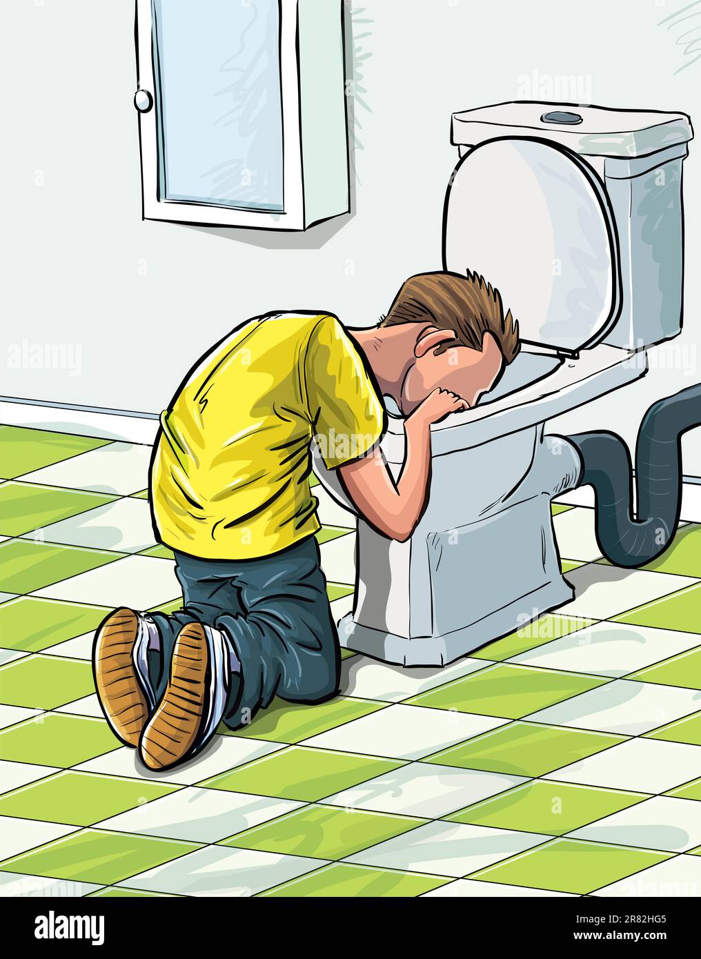 Cartoon teenager sick in toilet after drinking to much. In a bathroom ...