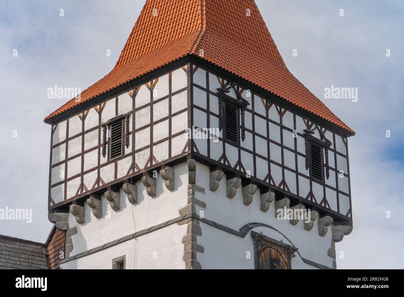 Aerial view of Blatna medieval water castle with towers, turrets, plus ...
