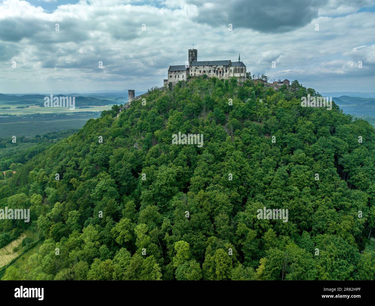 Aerial view of Bezdez Gothic medieval castle ruin in the Czech Republic ...