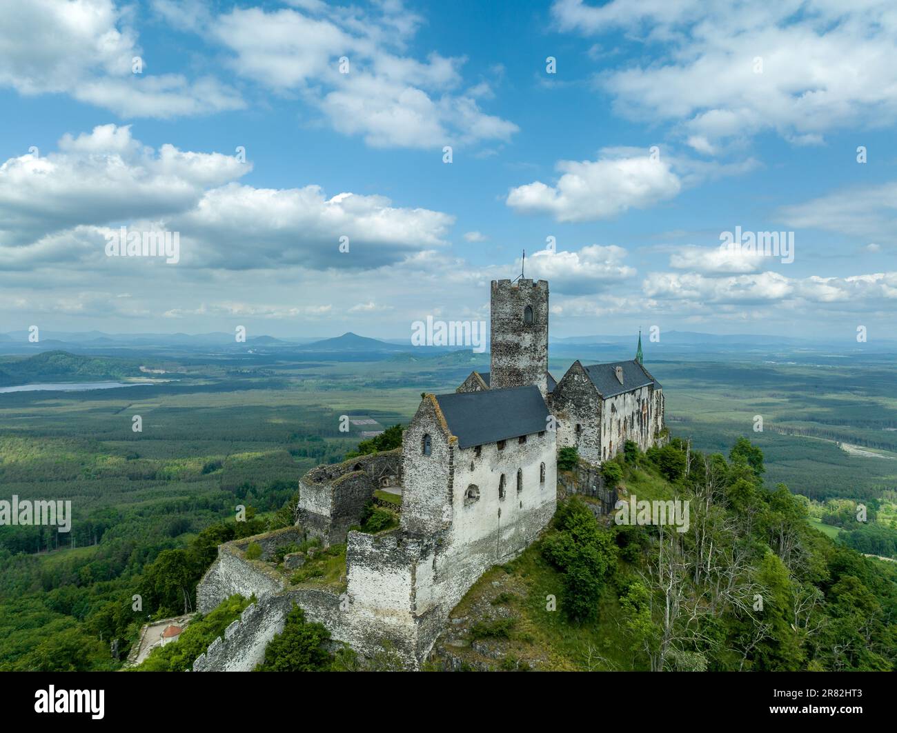 Aerial view of Bezdez Gothic medieval castle ruin in the Czech Republic ...