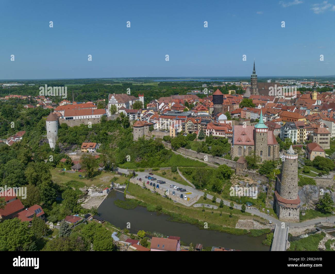 Aerial view of defensive towers and medieval fortification in historic ...