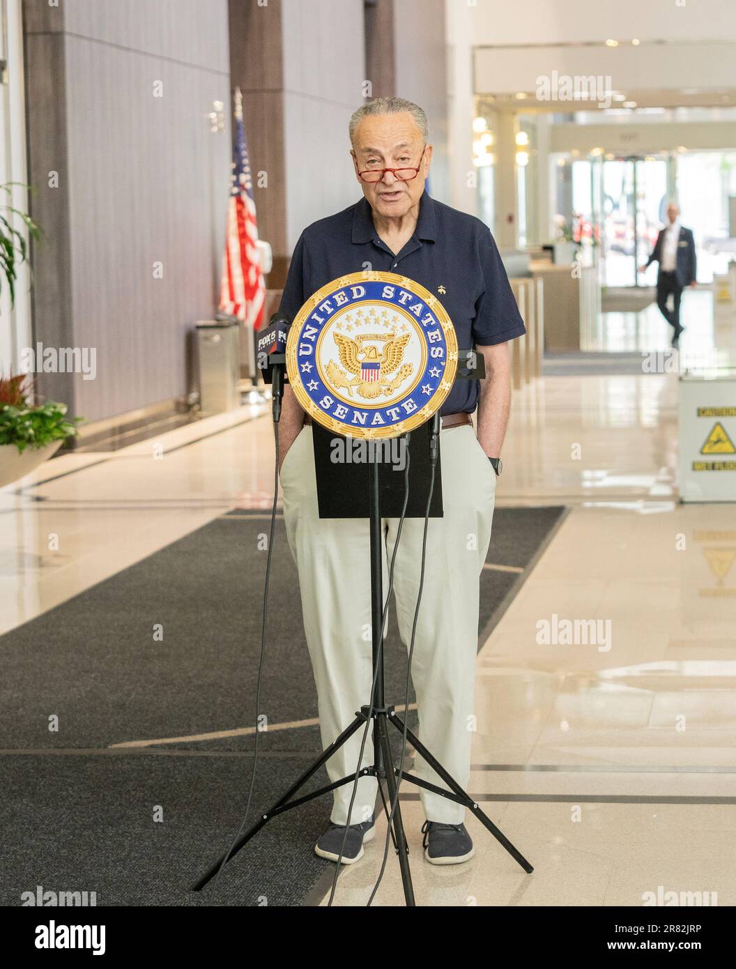 New York, USA. 18th June, 2023. U. S. Senator Charles Schumer speaks to ...