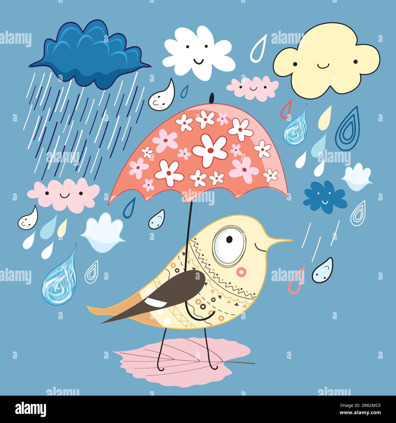 funny bird under an umbrella on a blue background with clouds and rain ...
