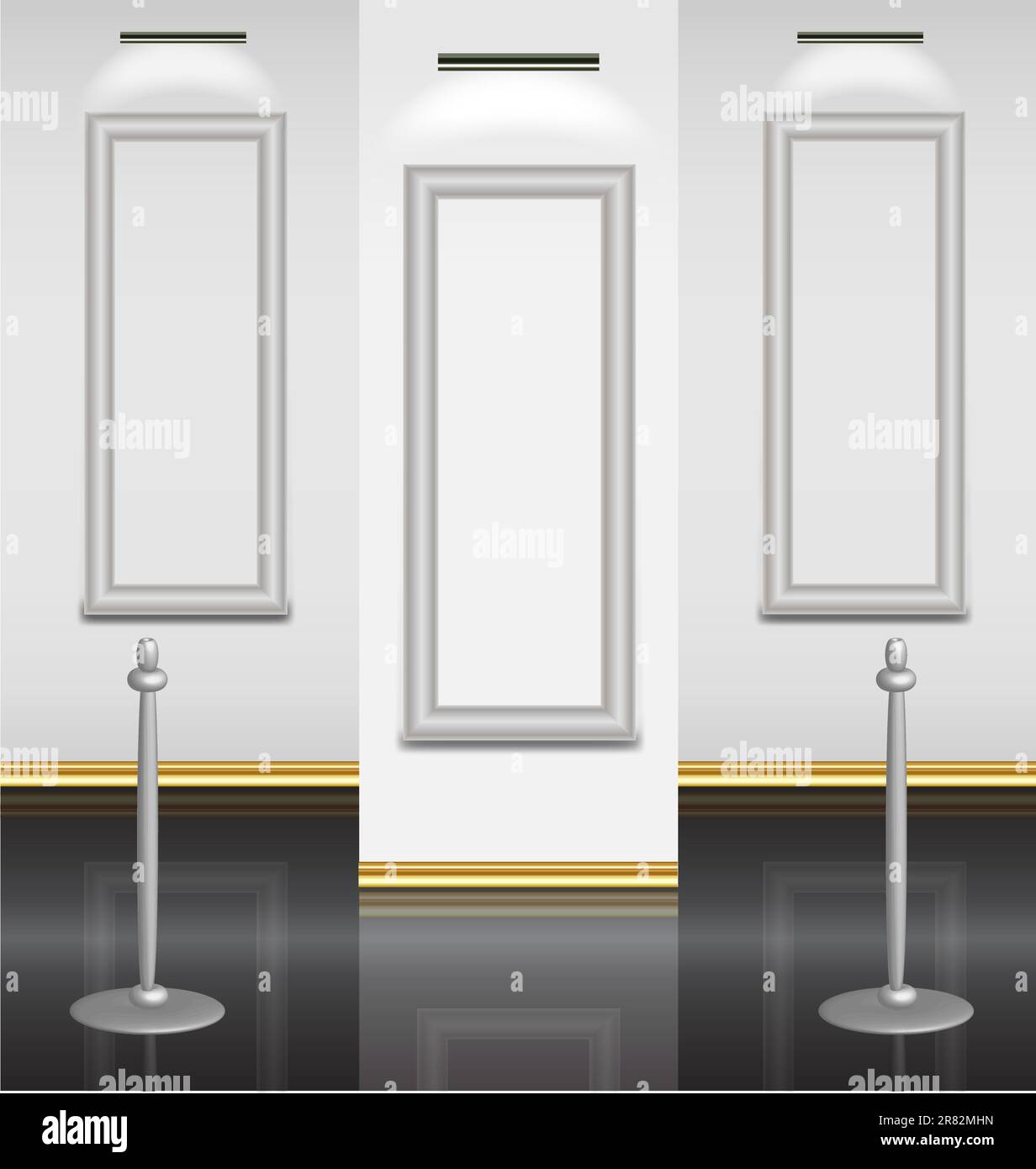 Virtual museum exposition hall with three empty highlighted frames ...