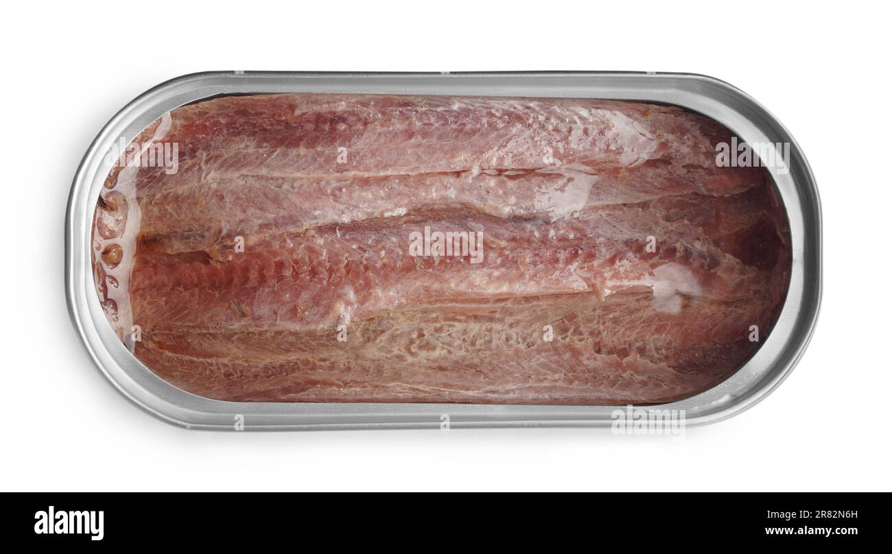 Anchovy fillets in open tin can isolated on white, top view Stock Photo ...
