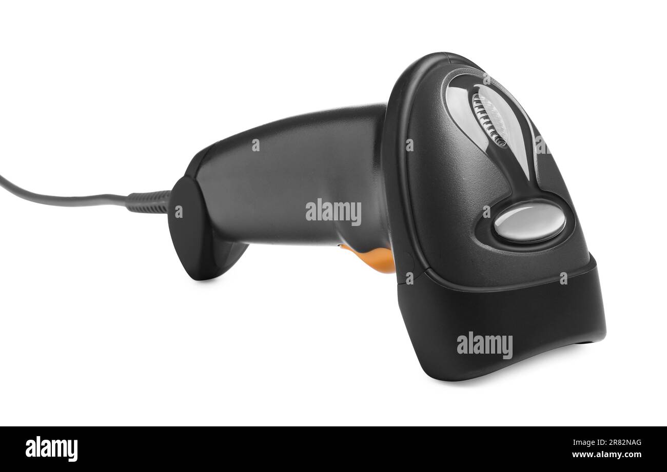 Black modern barcode scanner isolated on white Stock Photo - Alamy