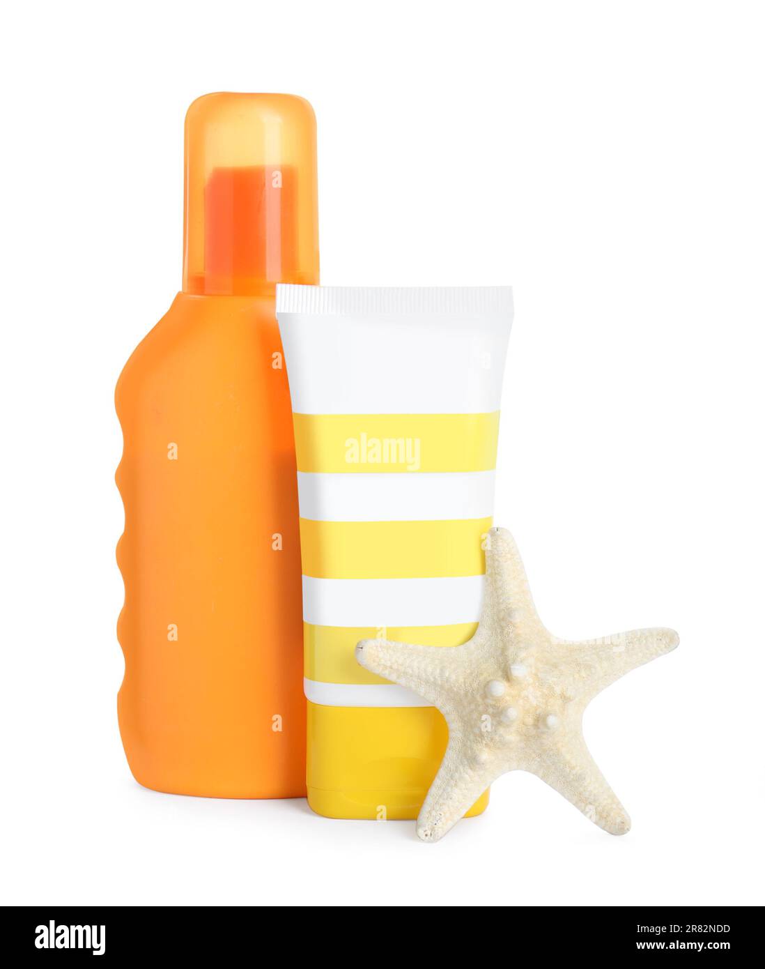 Different suntan products and starfish on white background Stock Photo ...