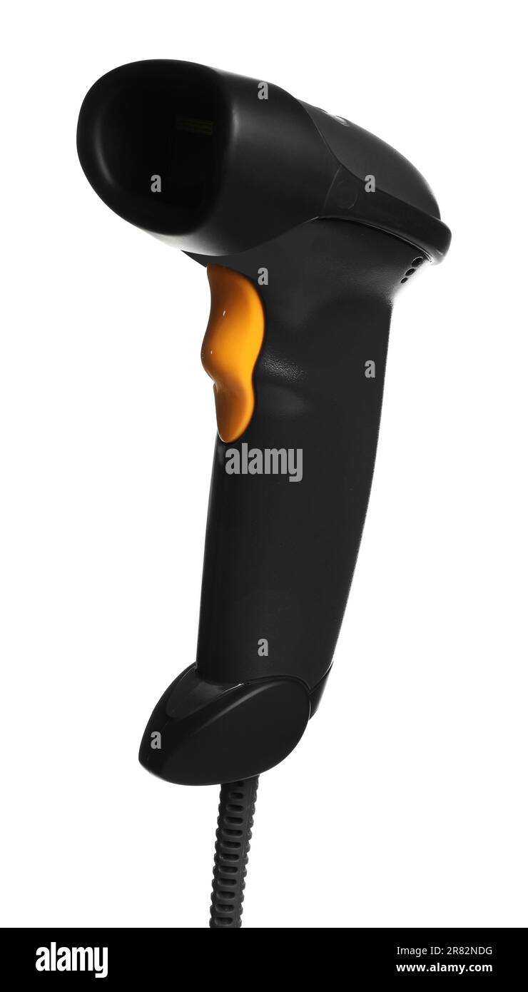 Black modern barcode scanner isolated on white Stock Photo - Alamy