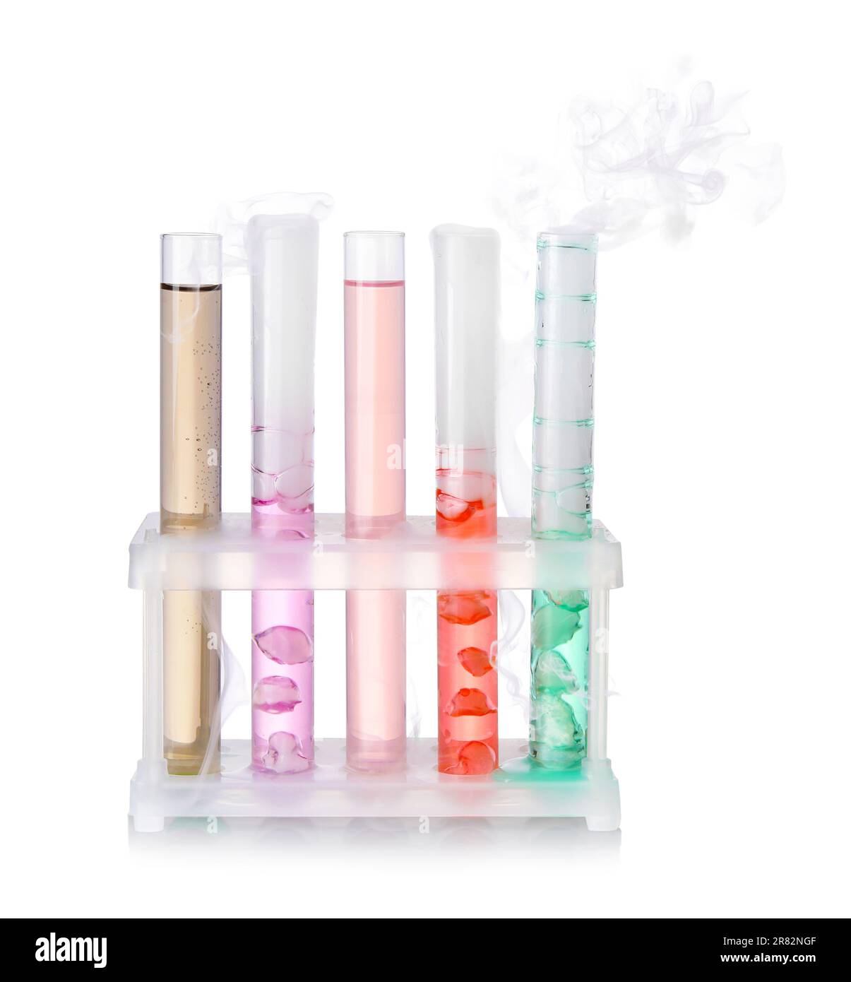 Test tubes with colorful liquids and steam isolated on white. Chemical ...