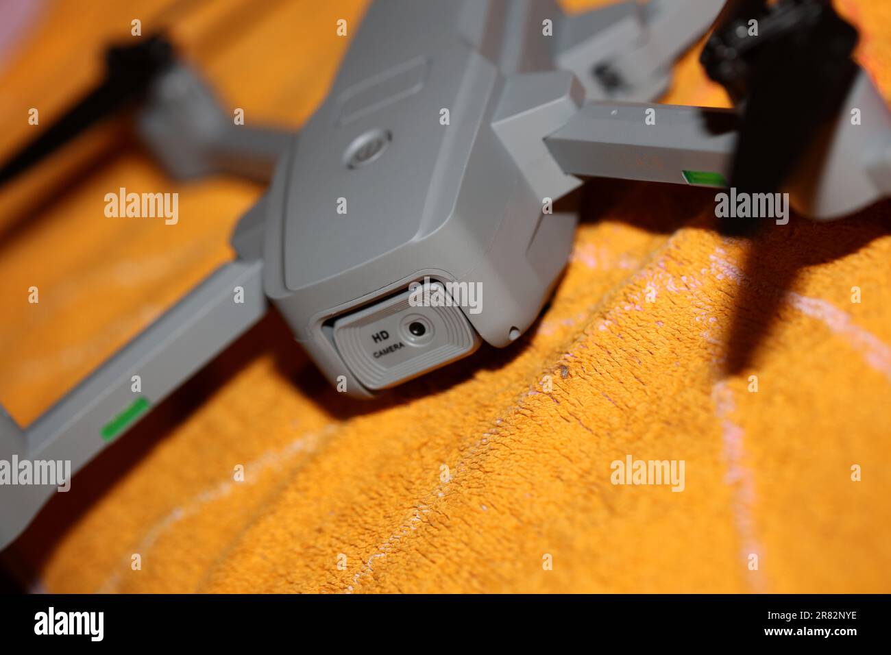 Close up Drone sensor and drone propeller, focus is on second propeller ...