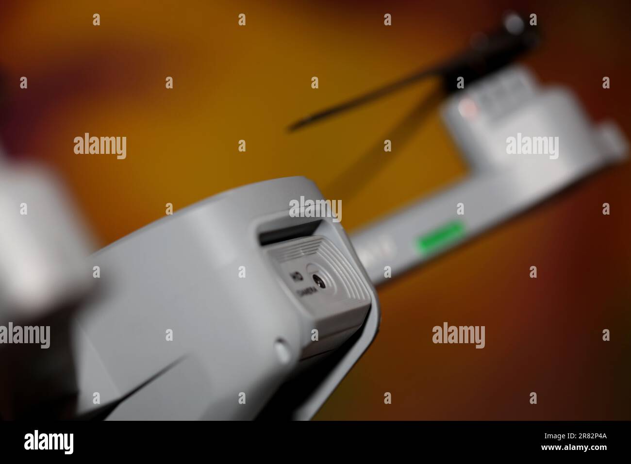 Close up Drone sensor and drone propeller, focus is on second propeller ...