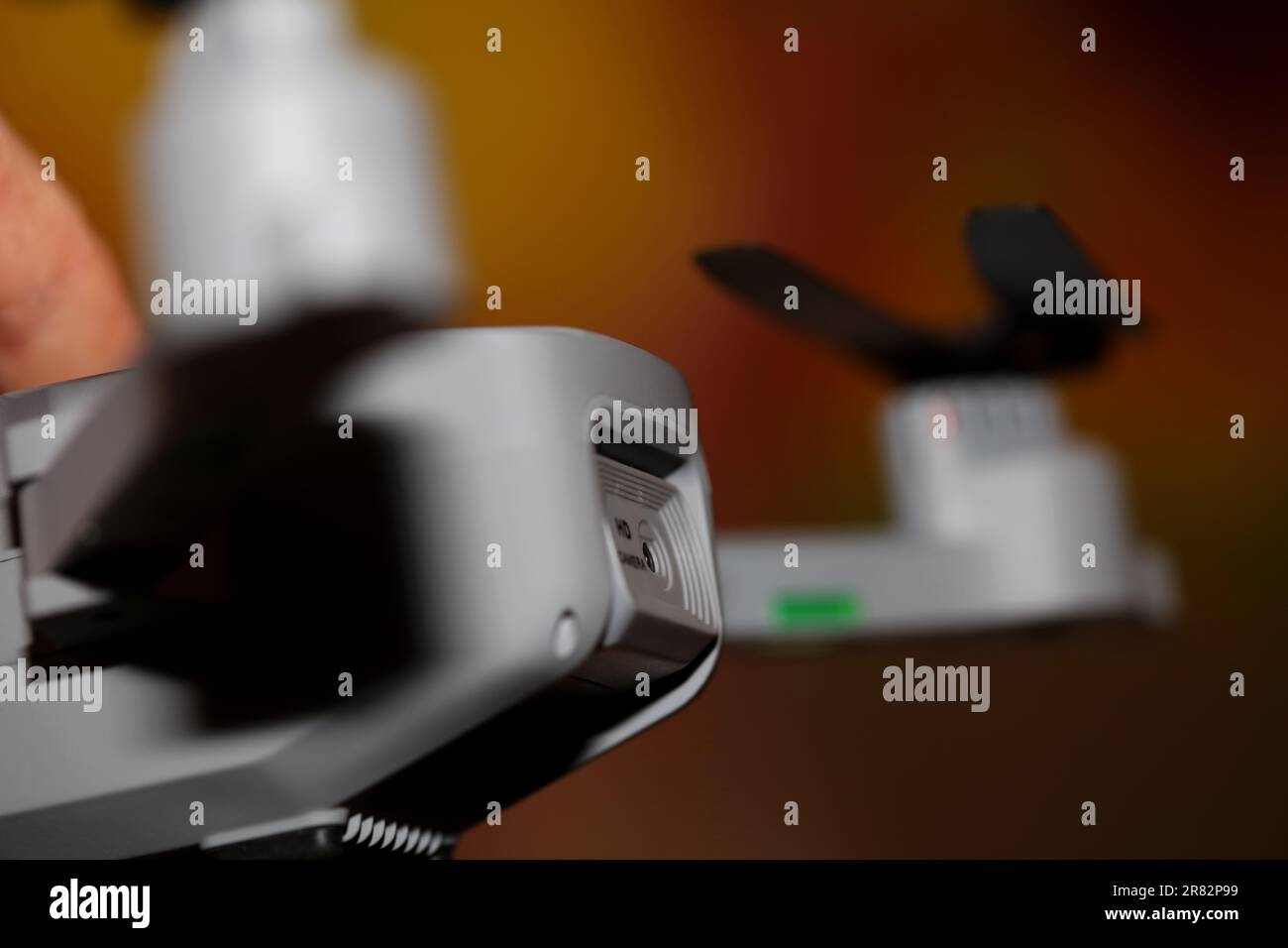 Close up Drone sensor and drone propeller, focus is on second propeller ...