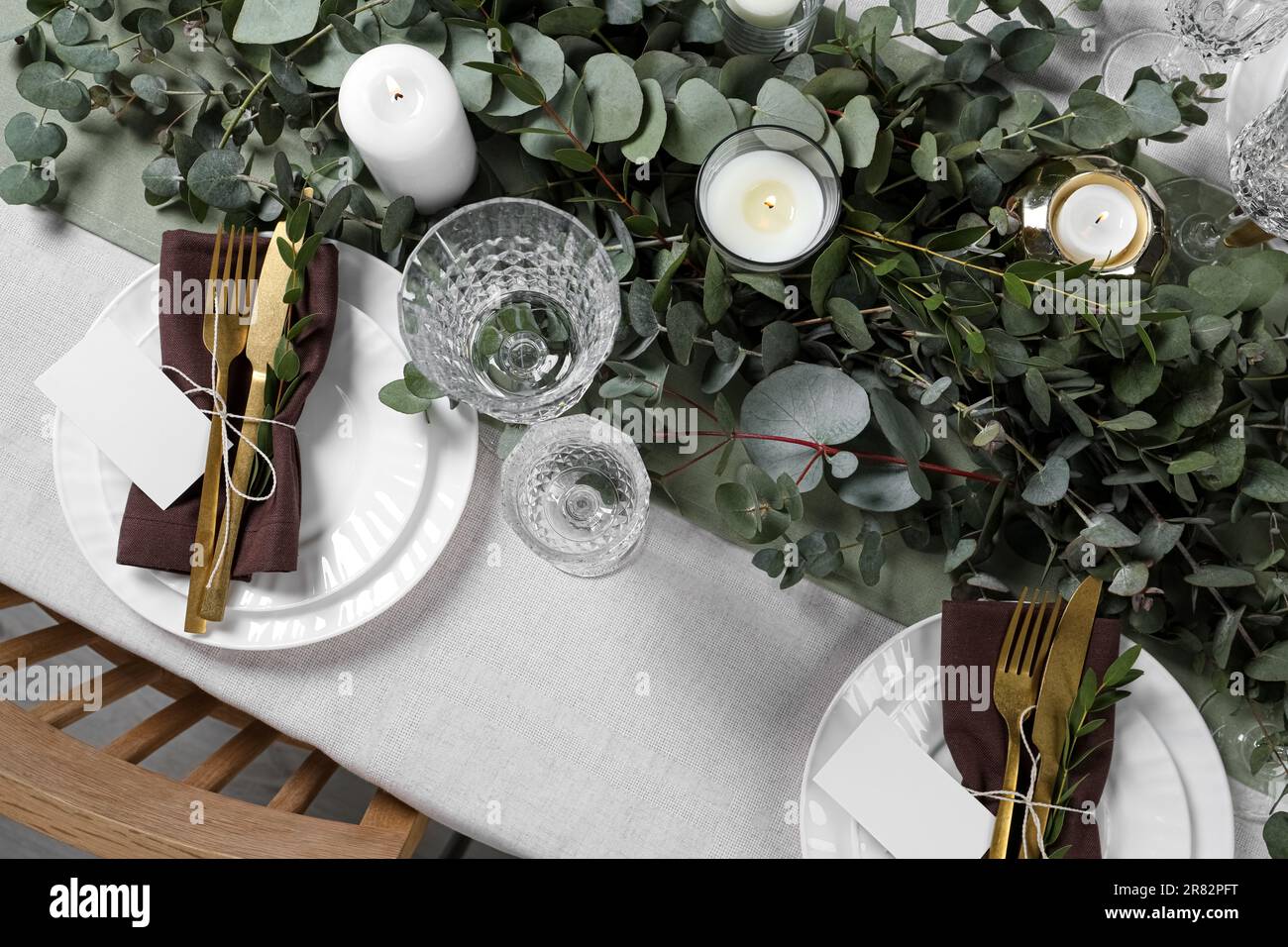 Luxury table setting with beautiful decor and blank cards. Festive ...