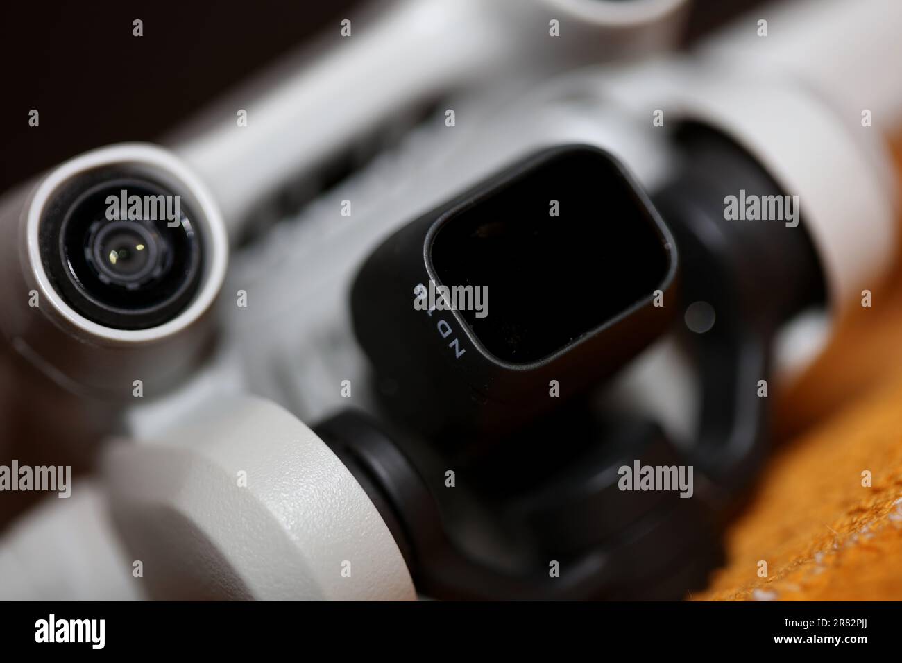 Close up Drone sensor and drone propeller, focus is on second propeller ...