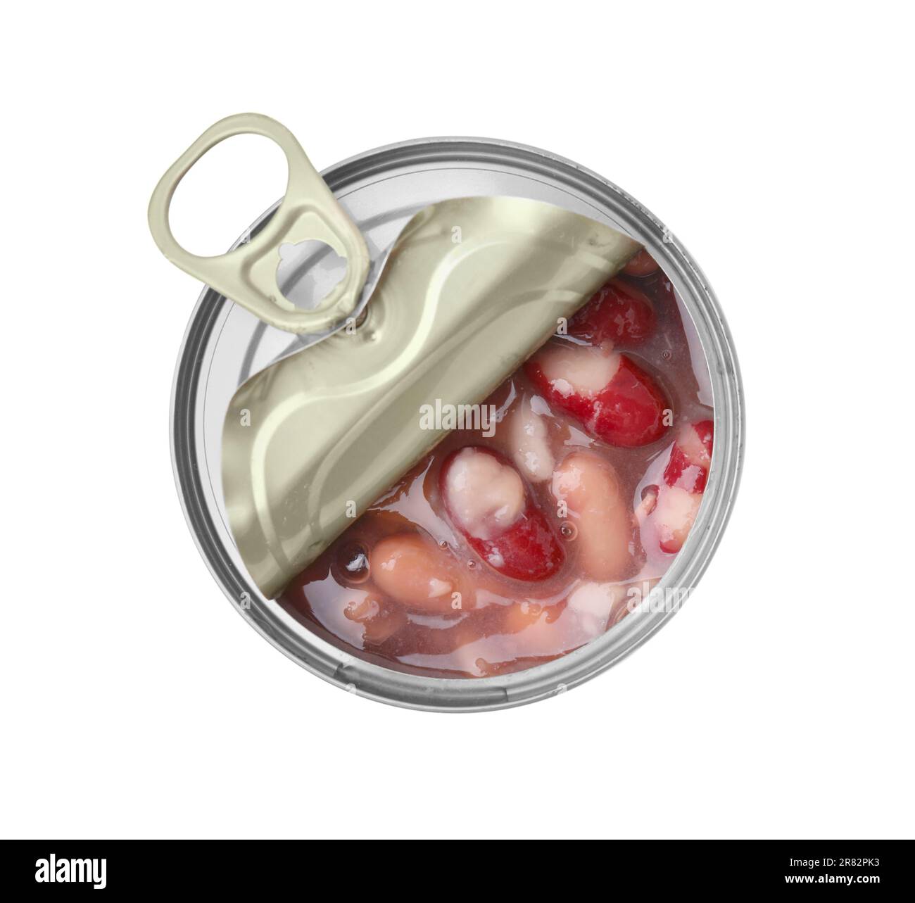 Open tin can of beans isolated on white, top view Stock Photo - Alamy