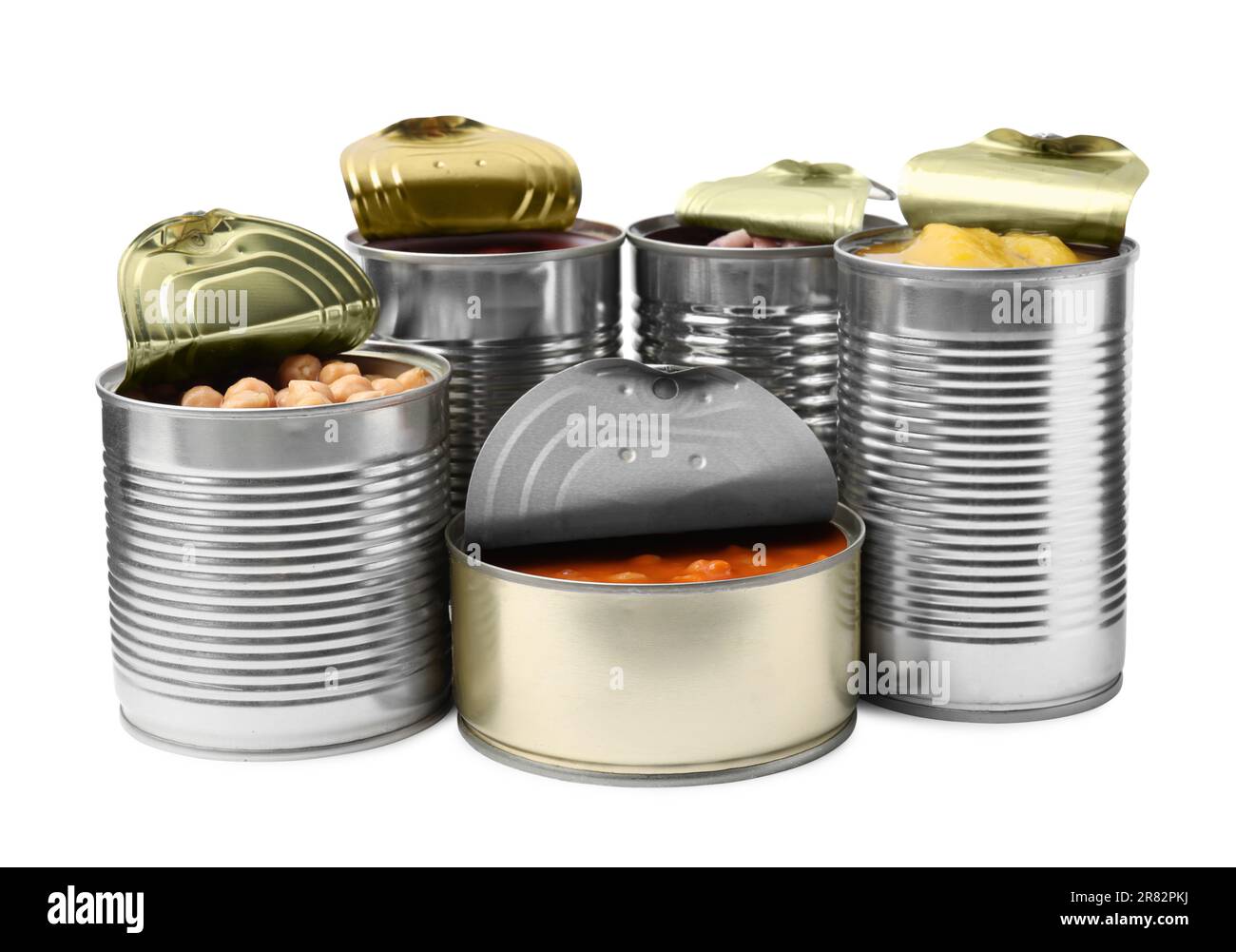 Open tin cans with different products on white background Stock Photo ...