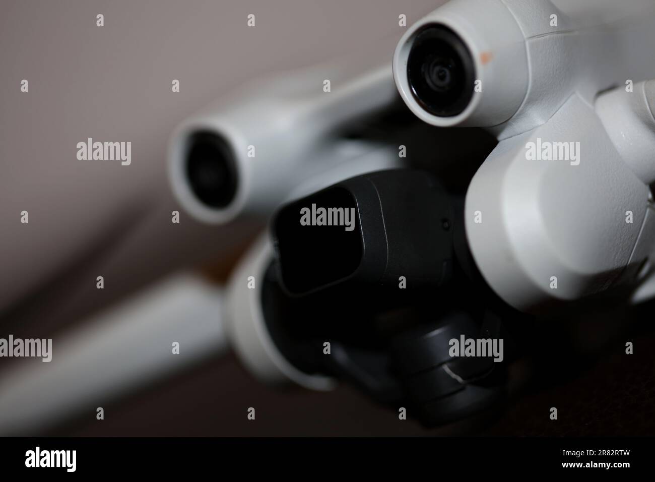 Close up Drone sensor and drone propeller, focus is on second propeller ...