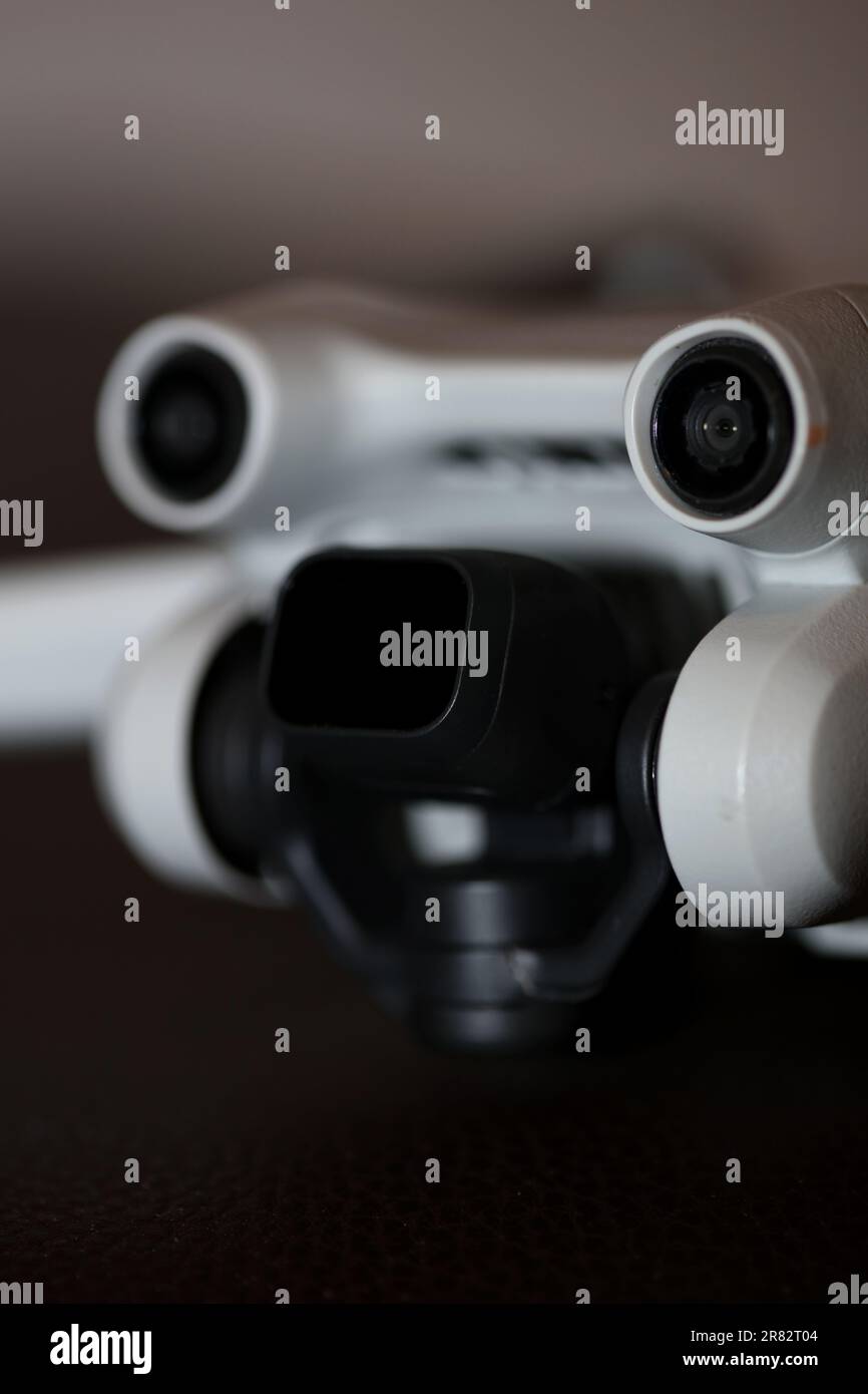 Close up Drone sensor and drone propeller, focus is on second propeller ...