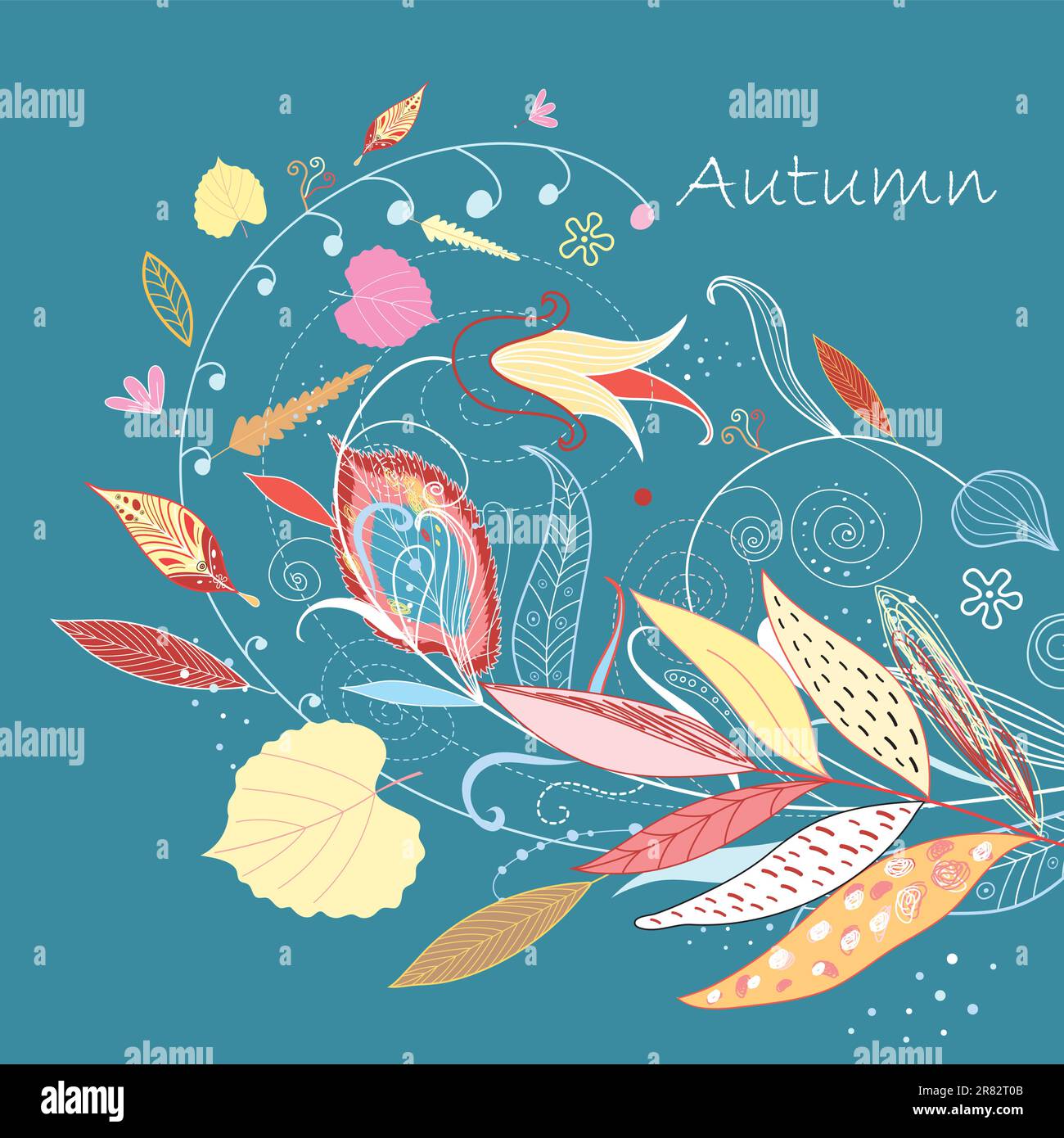 Bright autumn background with flowers and leaves on a blue Stock Vector ...