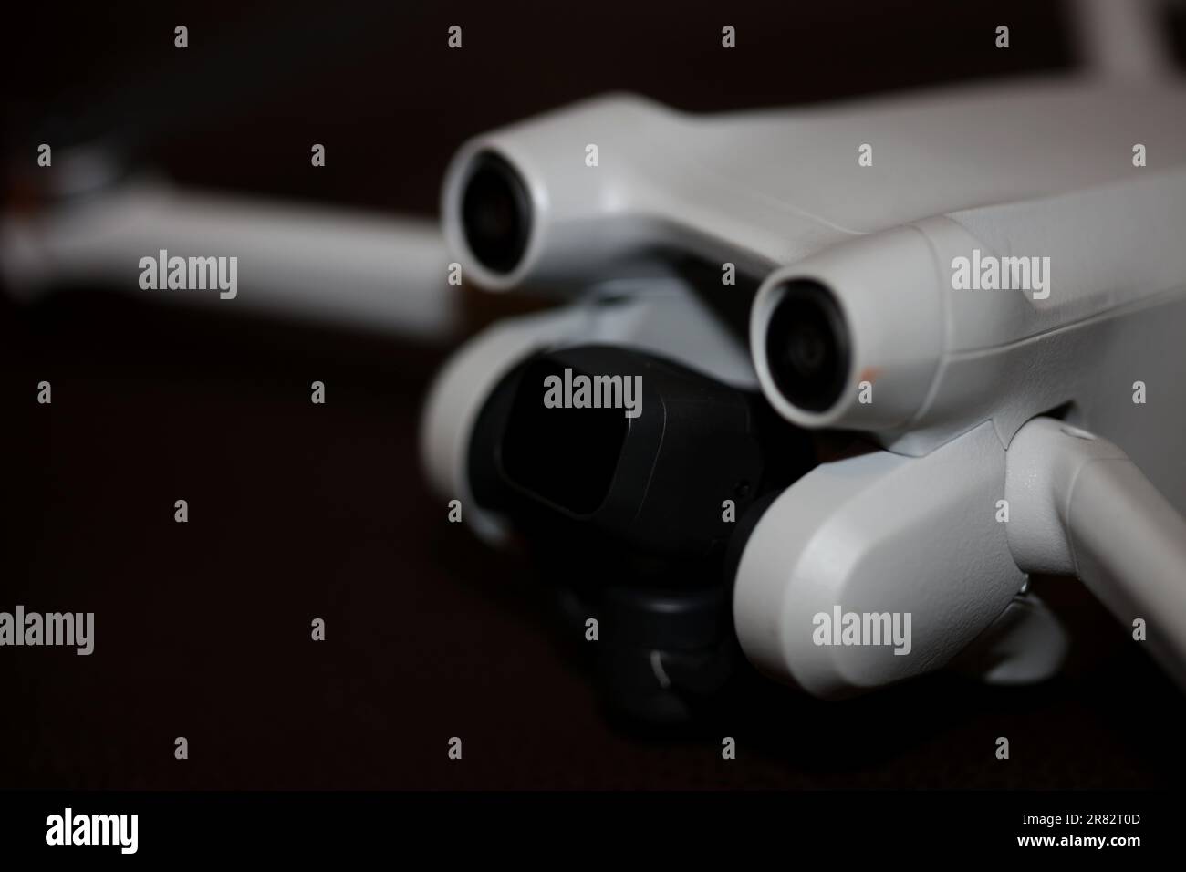 Close up Drone sensor and drone propeller, focus is on second propeller ...