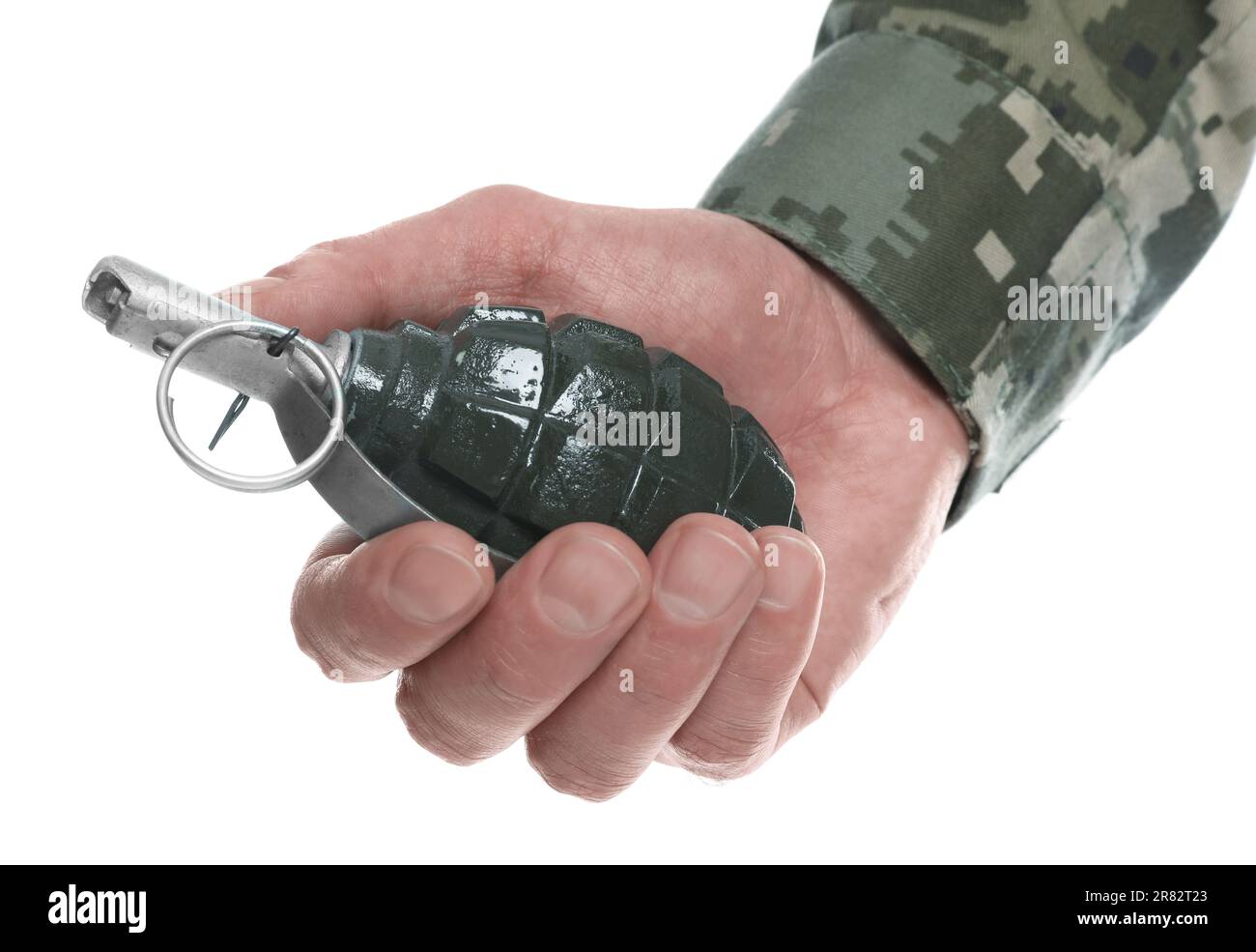 Soldier holding hand grenade on white background, closeup. Military ...