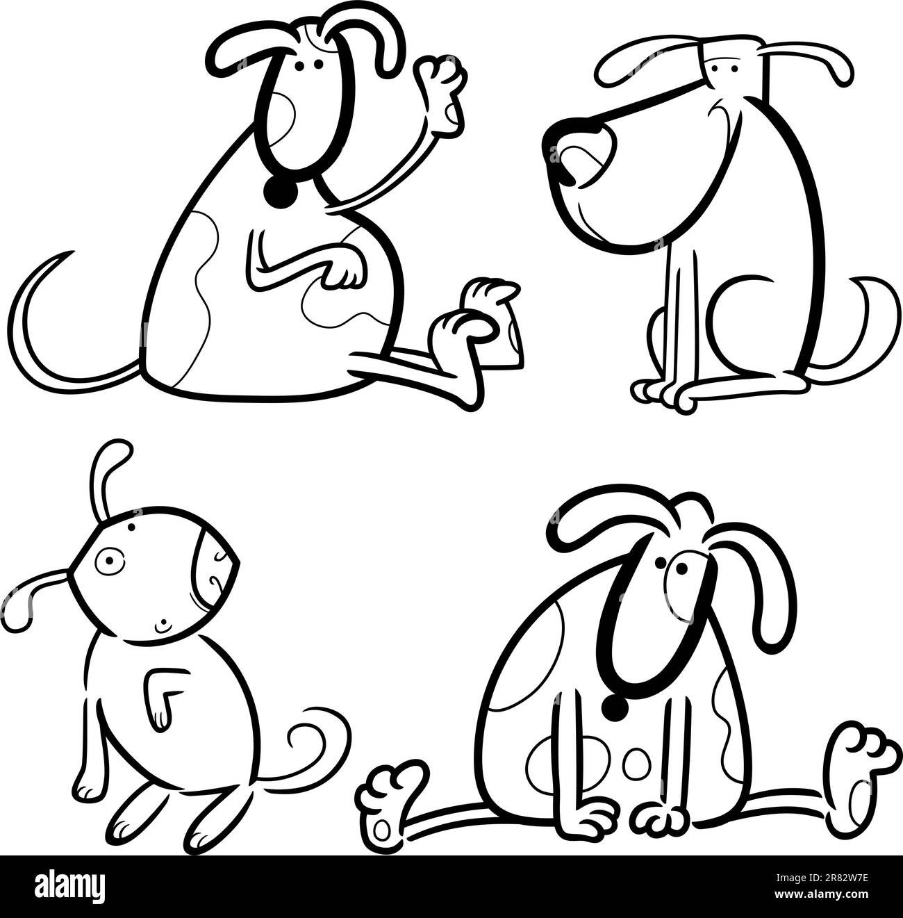 cartoon illustration of four cute dogs or puppies set for coloring book ...