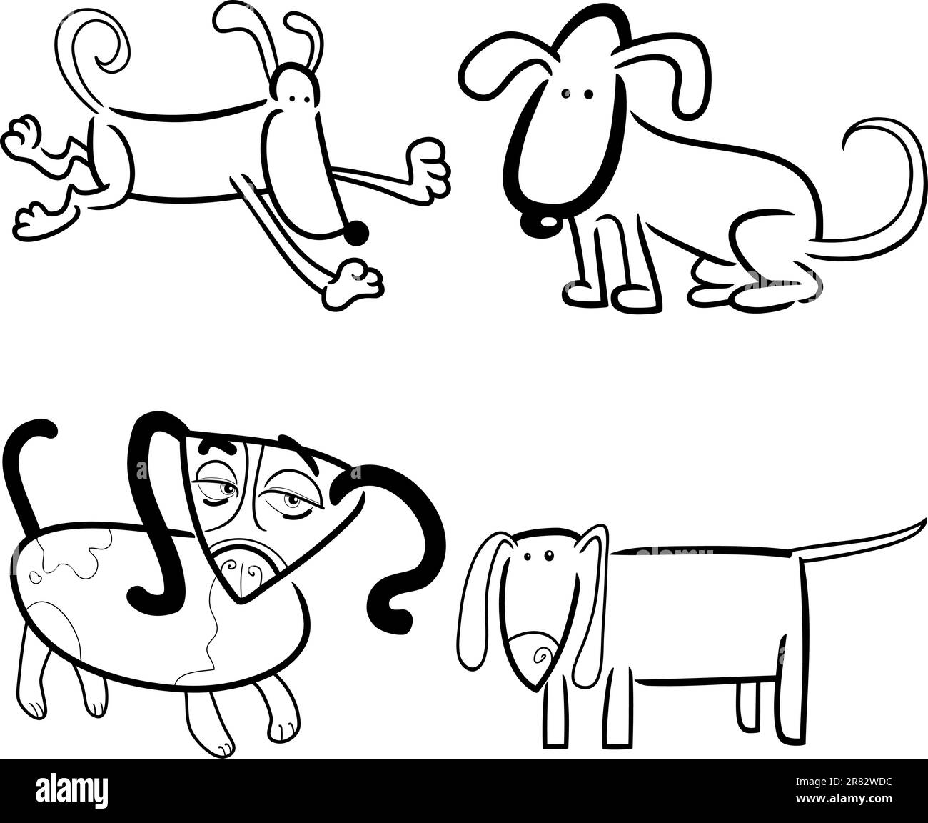 cartoon illustration of four cute dogs or puppies set for coloring book ...