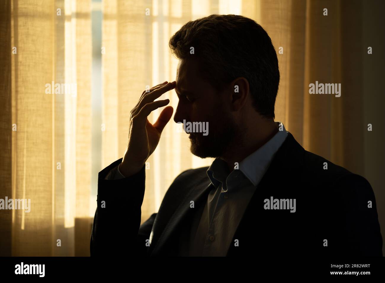 Tired man feel pain head. Close up portrait of stressed man suffer from ...