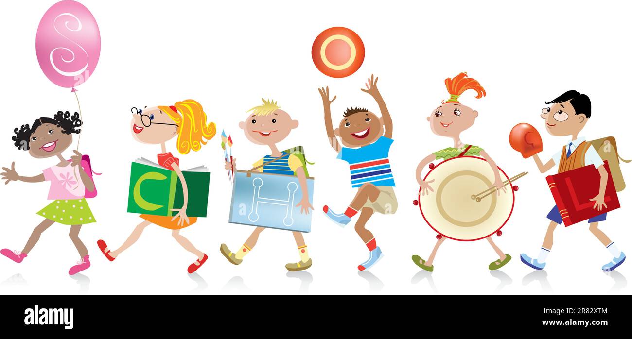 Group of boys and girls coming back to scholl, holding different things ...