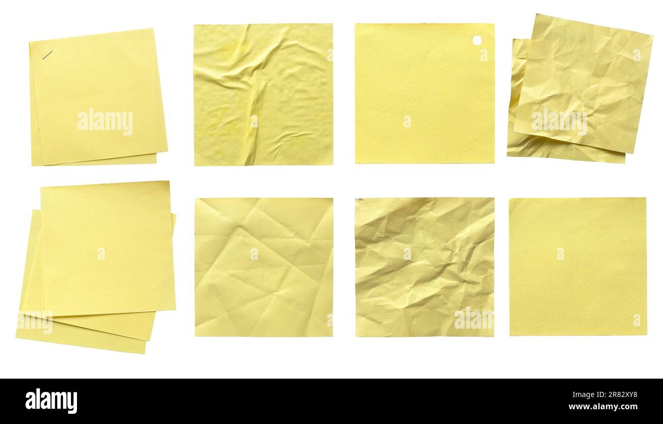 Variety of yellow paper note memo isolated on white background. Copy ...
