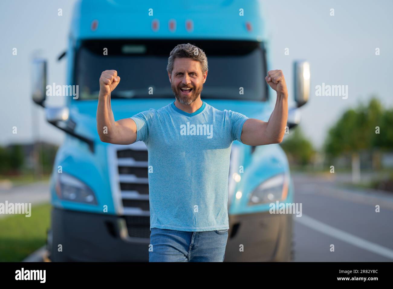 Men driver near lorry truck. Man owner truck . Serious middle aged man ...