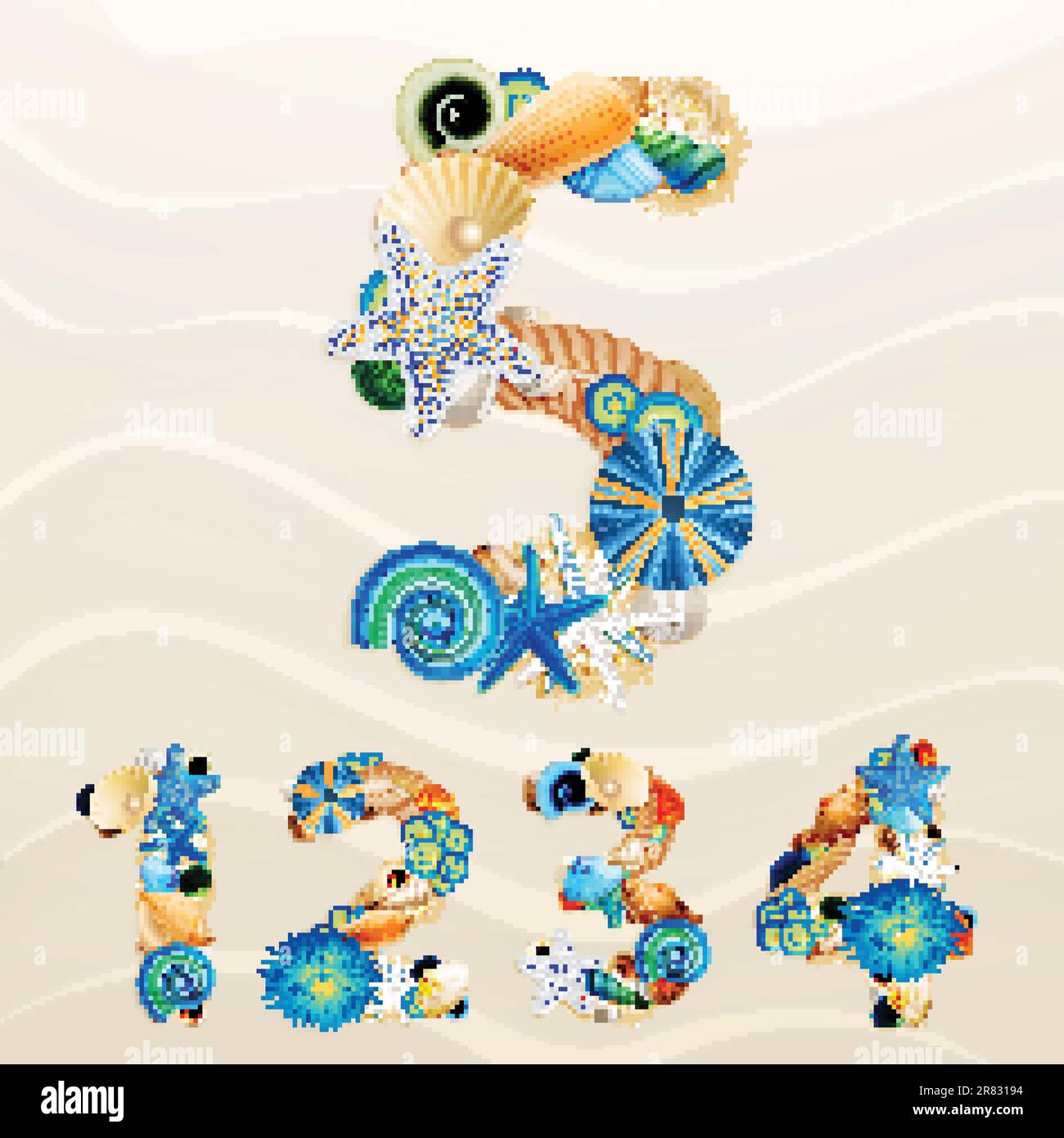 Numbers, vector sea life font on sand background. Check my portfolio ...
