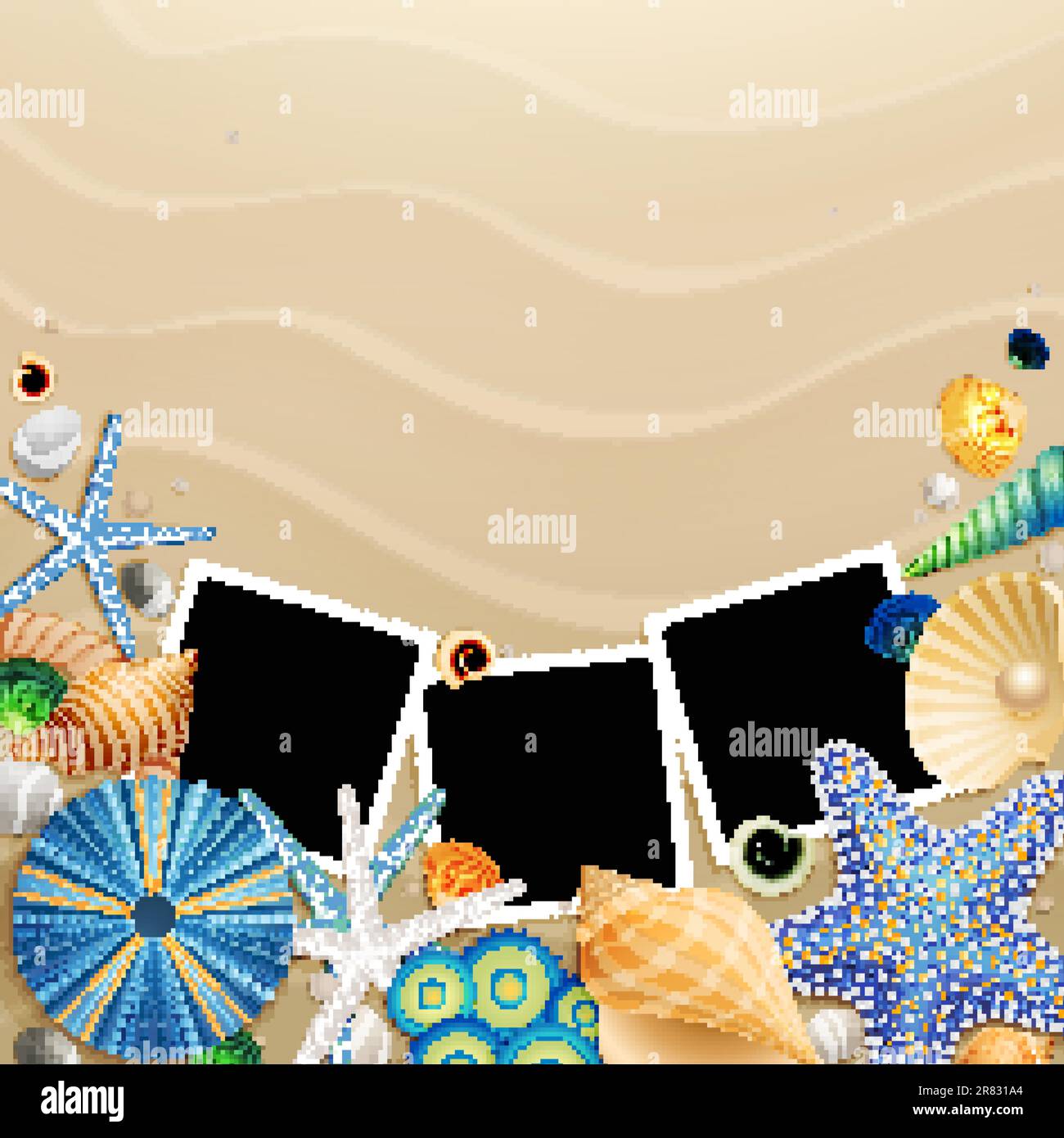 Pictures, shells and starfishes on sand background. Vector illustration ...